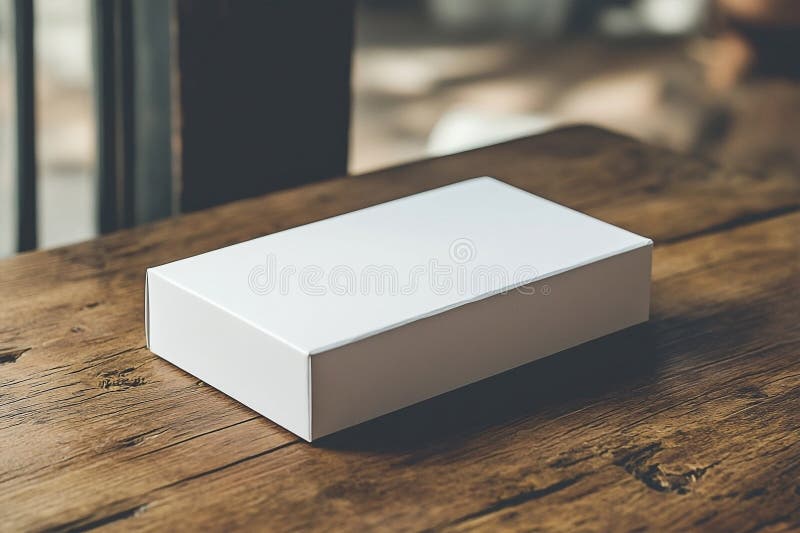 Blank White Box on a Rustic Wooden Surface for Product Placement Mockup ...