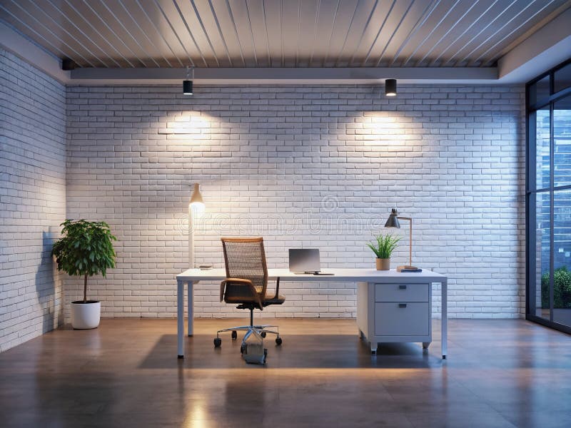 Blank White Brick Wall Mockup for Modern Office Night Scenes a ...