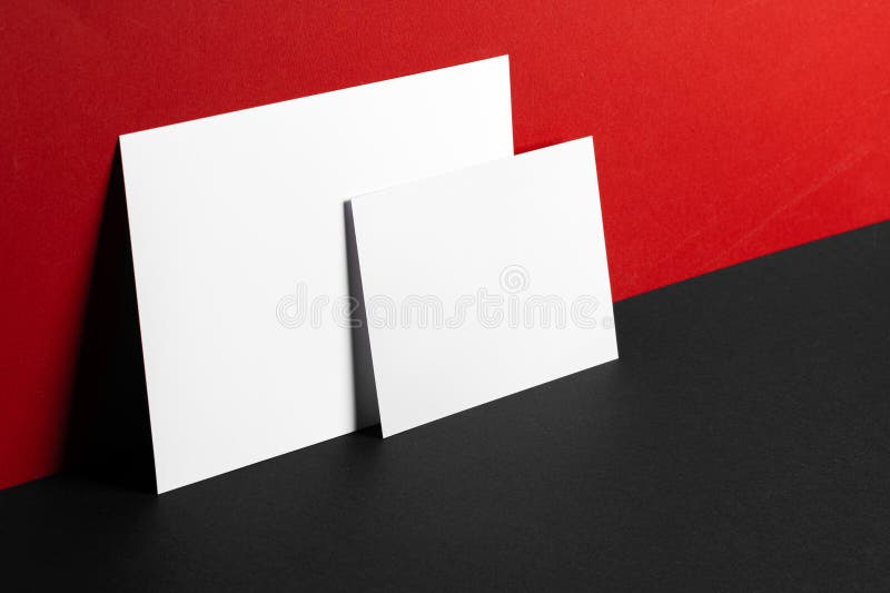 Blank White Business Cards on Red and Black Paper Background Stock ...