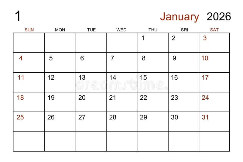 Blank White Calendar Page for January 2026 for Your Appointment. Stock ...