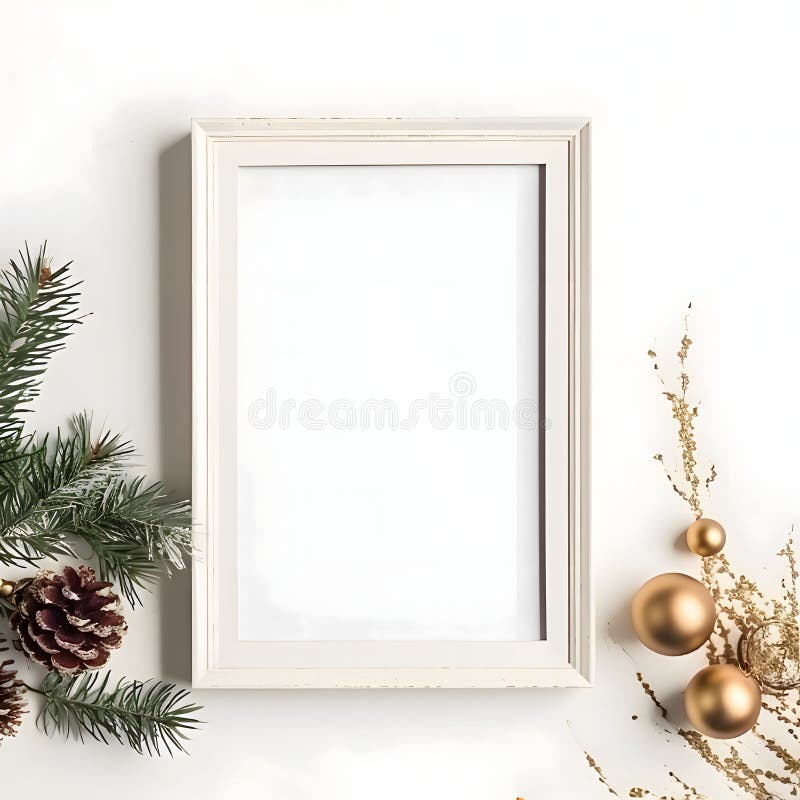 A Blank White Card with a Frame, Around Christmas Decorations, Pine ...