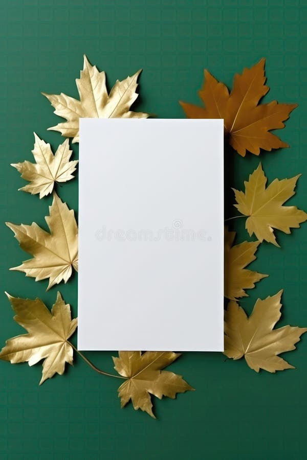 Blank White Card on Green and Gold Background with Maple Leaves ...
