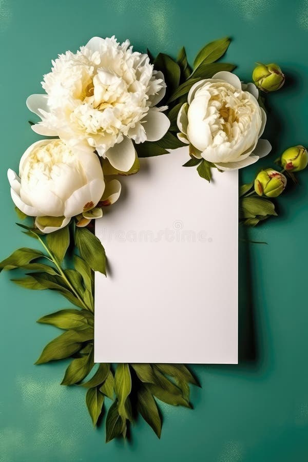 Blank White Card on Green and Gold Background with Peonies Postcard ...