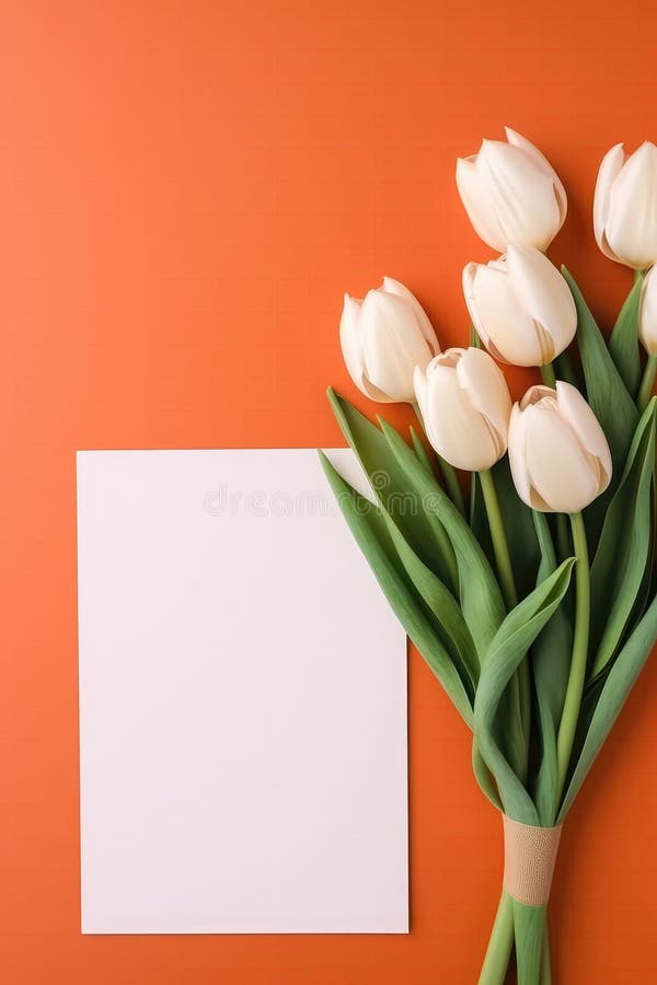 Blank White Card on Orange Background with Tulips Postcard. Generative ...