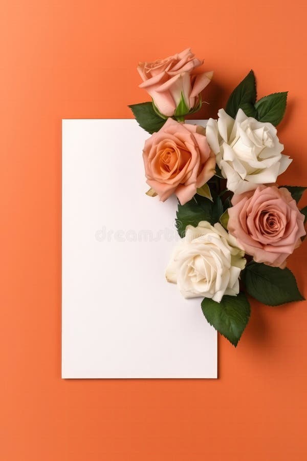 Blank White Card on Orange and Pink Background with Roses Postcard ...