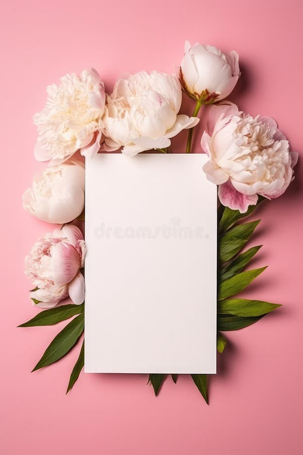 Blank White Card on Pink Background with Peonies Postcard. Generative ...