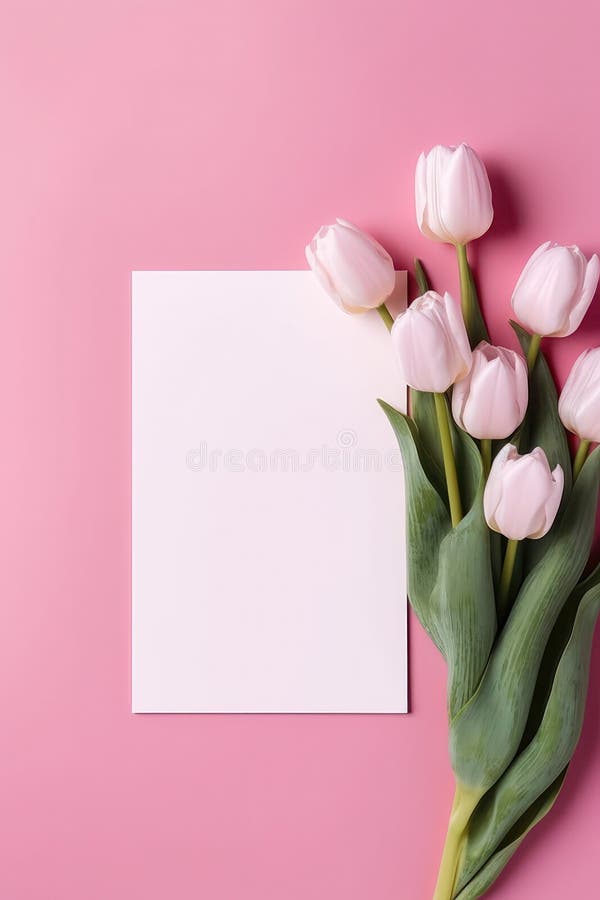 Blank White Card on Pink Background with Tulips Postcard. Generative AI ...