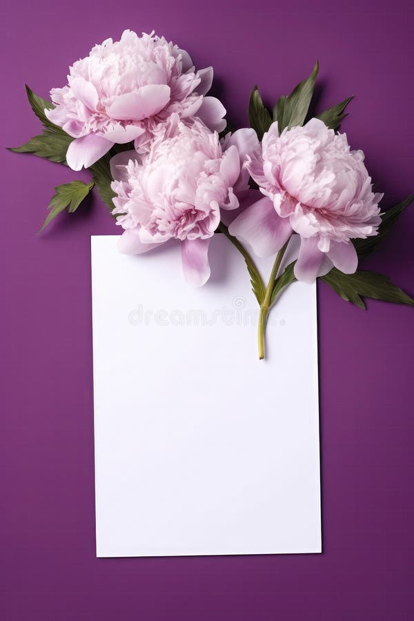 Blank White Card on Purple Background with Peonies Postcard. Generative ...