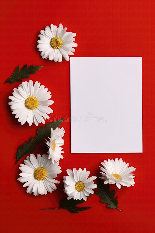 Blank White Card on Red and Black Background with Chamomile Postcard ...