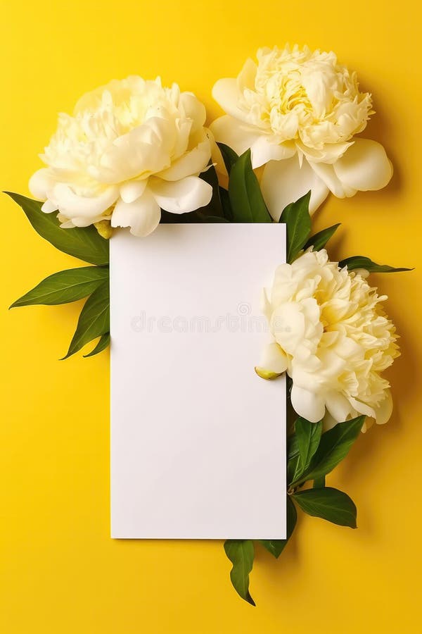 Blank White Card on Yellow Background with Peonies Postcard. Generative ...