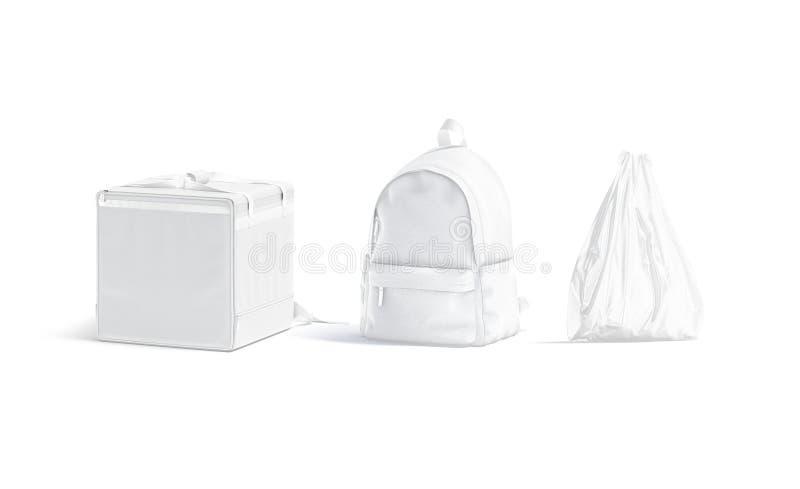 Blank White Delivery Bag, Backpack and Plastic Pack Mockup, Isolated ...