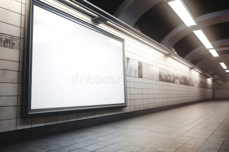 Blank White Digital Billboard Light Box in Empty Subway Train Station ...