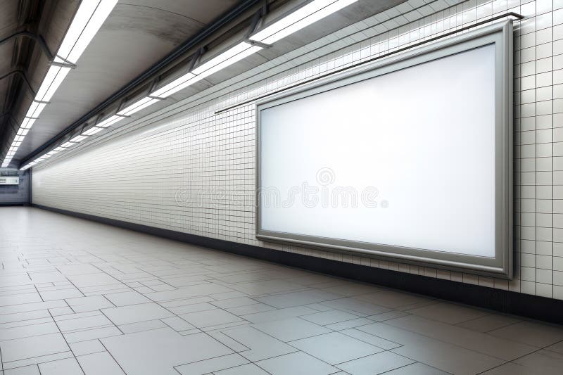 Blank White Digital Billboard Light Box in Empty Subway Train Station ...