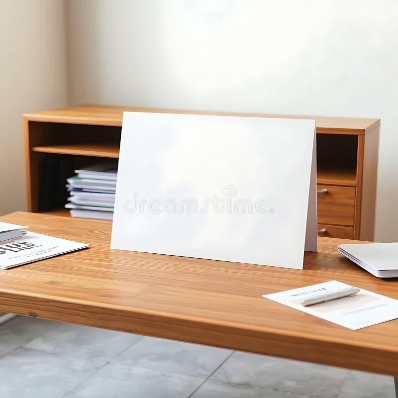 Blank White Display Board on Wooden Desk Stock Image - Image of ...