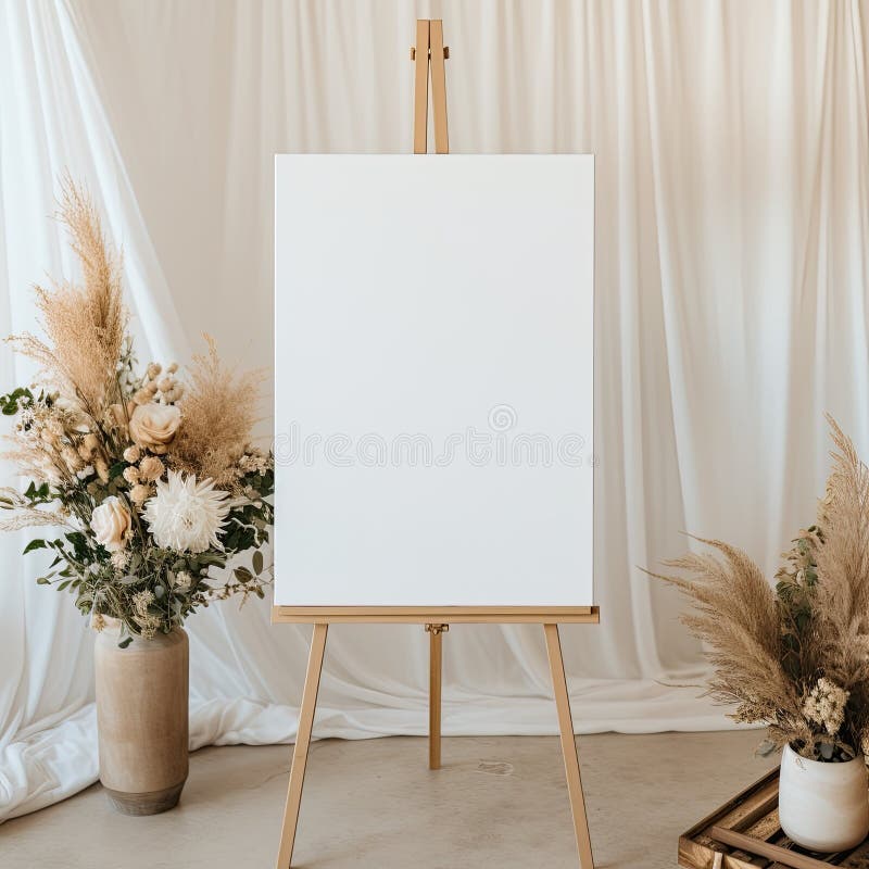 A Blank White Easel Welcome Sign for a Modern Wedding in a Boho Style ...