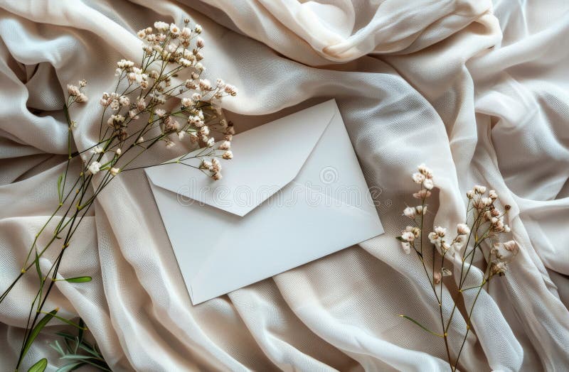 Blank White Envelope on Cream Fabric with Dried Flowers Stock Image ...