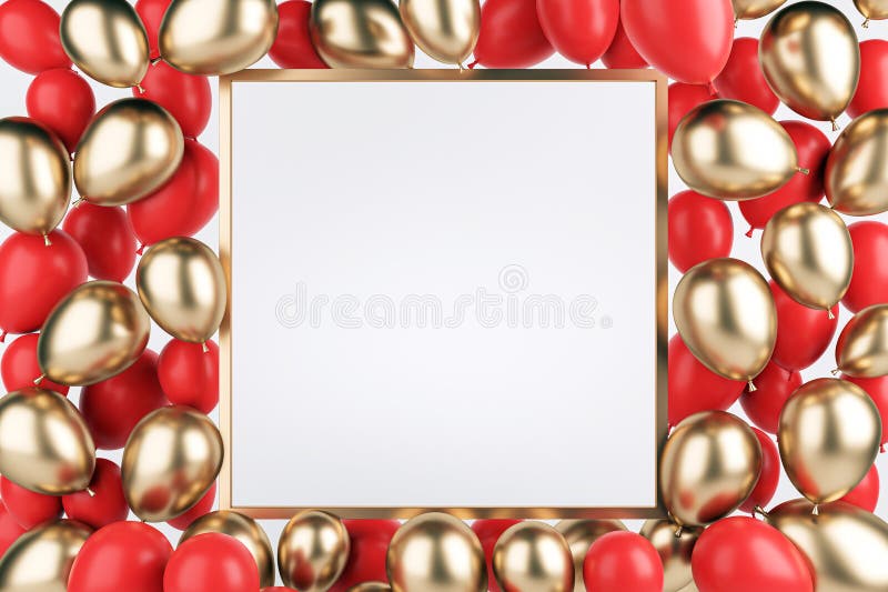 Blank White Frame Surrounded by Red and Gold Balloons on White ...