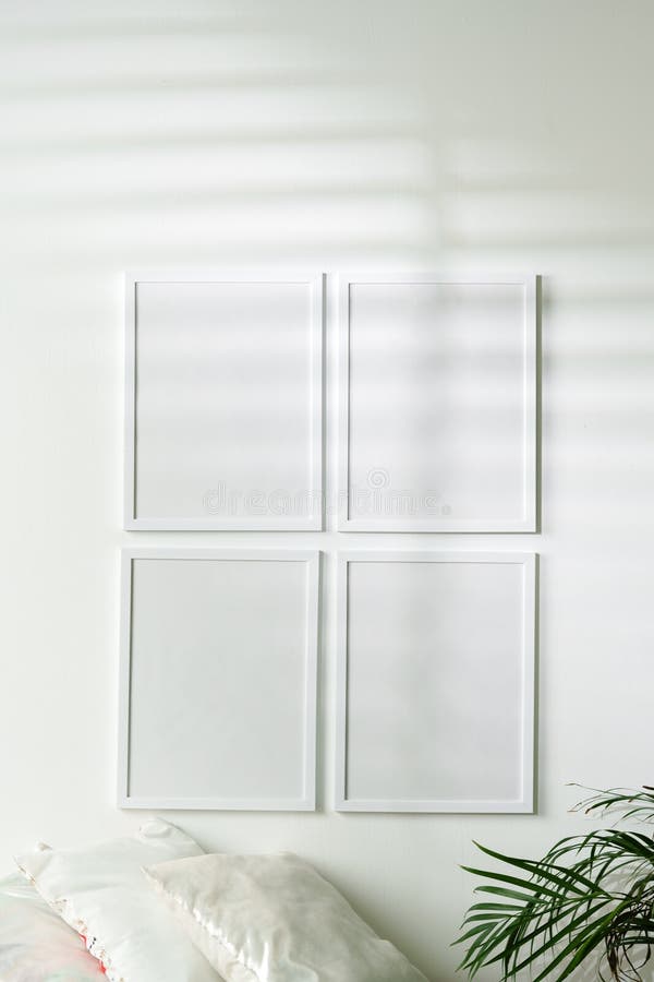 Blank White Frames and Houseplant Against White Wall Stock Photo ...
