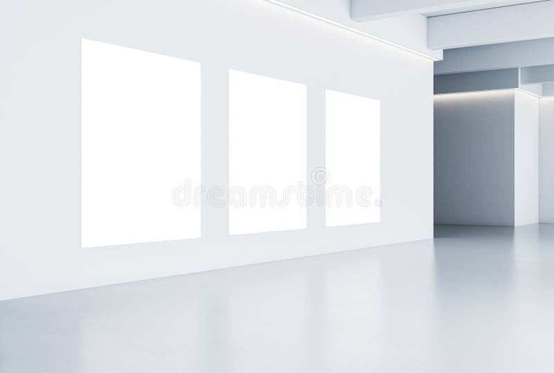Blank White Gallery Room with Three Empty Rectangular Frames on a Clean ...