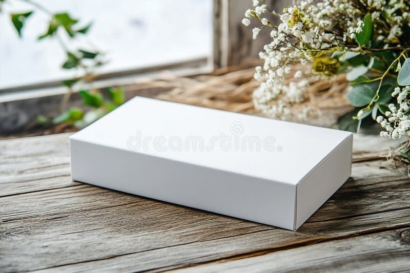 Blank White Gift Box on Wooden Table with Floral Decorations Stock ...