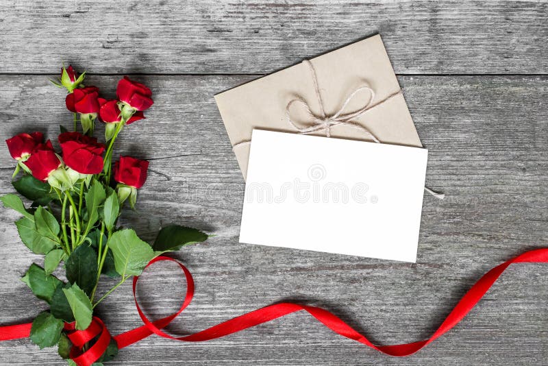 Blank White Greeting Card and Envelope with Red Roses Flowers Stock ...