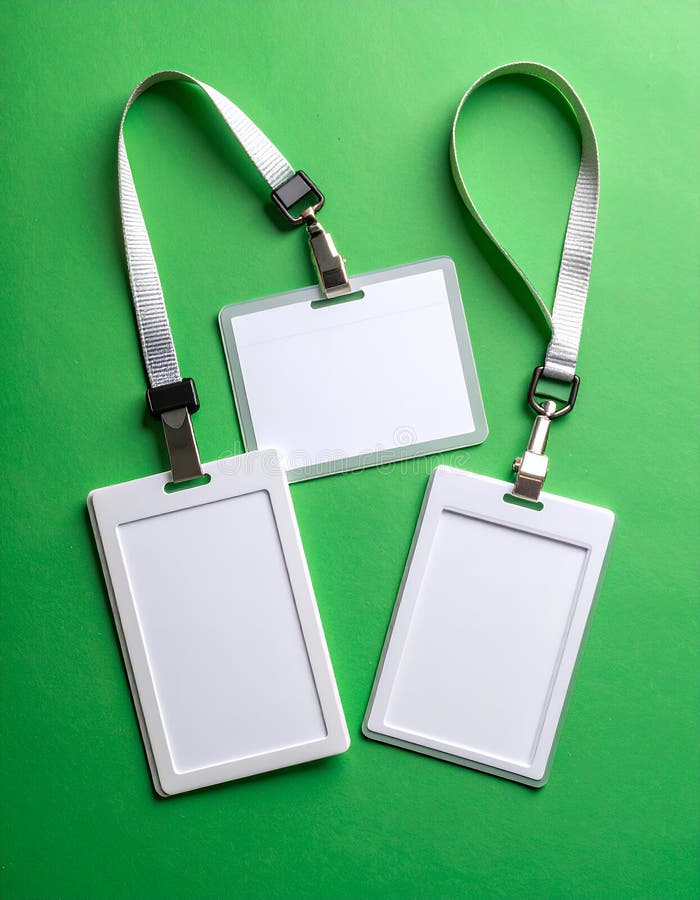 Blank White ID Badges with Lanyards on Green Background Stock ...