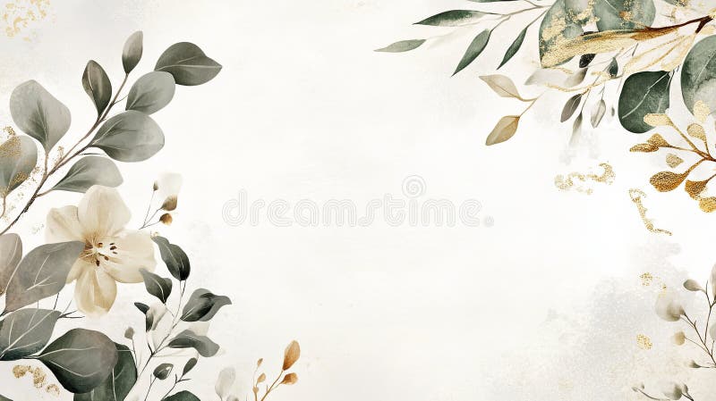 A Blank White Invitation Card Styled with Soft Greenery and Gold Stock ...