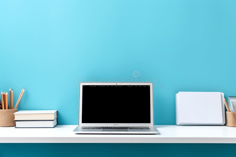 Blank White Laptop Screen Mockup Computer and Books on a Desk Near a ...