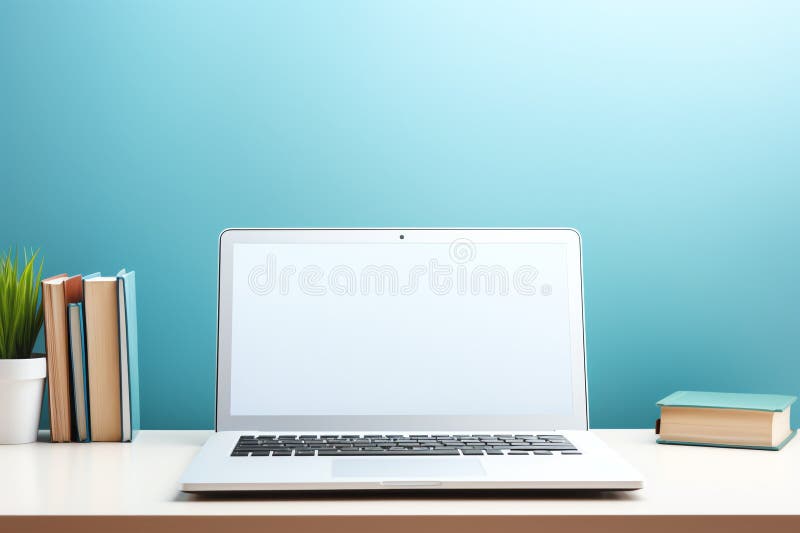 Blank White Laptop Screen Mockup Computer and Books on a Desk Near a ...