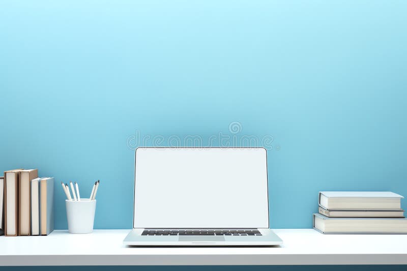 Blank White Laptop Screen Mockup Computer and Books on a Desk Near a ...