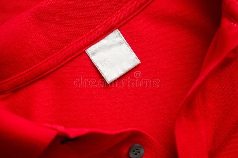 White Laundry Care Clothes Label on Red Shirt Fabric Texture Background ...