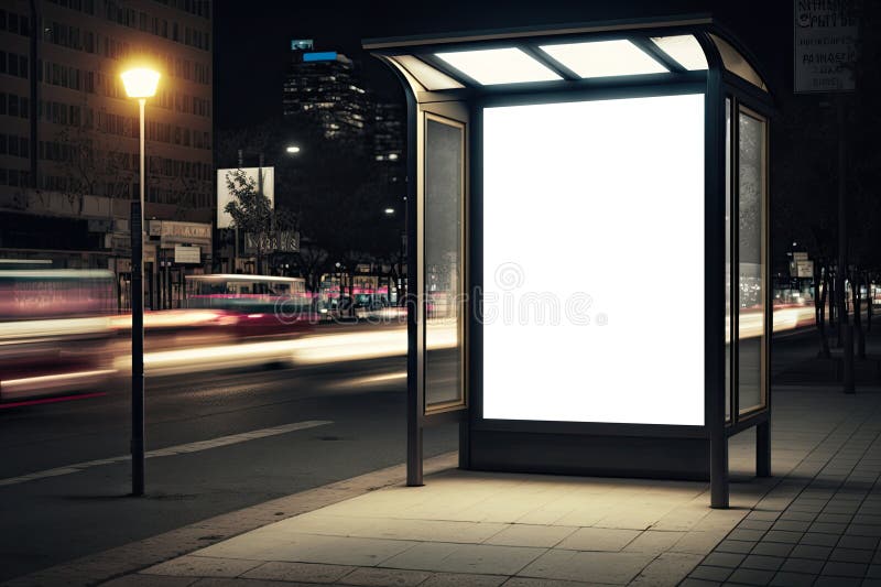 Blank White Mock Up of Vertical Light Box in a Bus Stop at Night. Ai ...