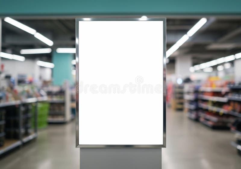 Blank White Mockup Signage with Metal Border in a Store Aisle for ...