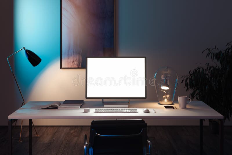 Blank White Monitor, Keyboard and Computer Mouse at Desk. 3d Rendering ...