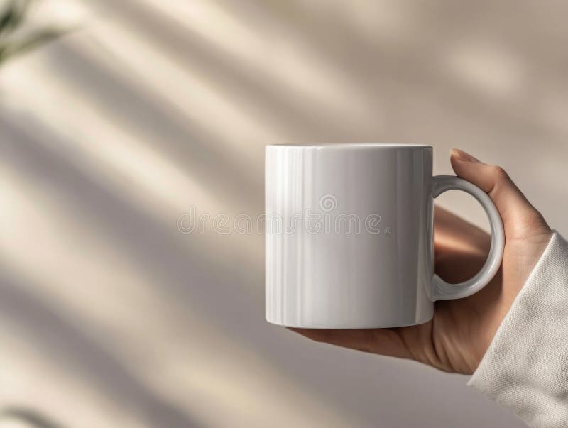 Blank White Mug Held in Sunlight with Minimalist Background for Design ...
