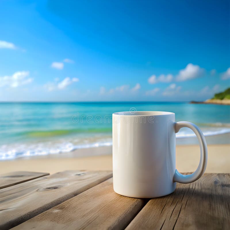 A Blank White Mug Mockup on a Beach Sunny Background Stock Illustration ...