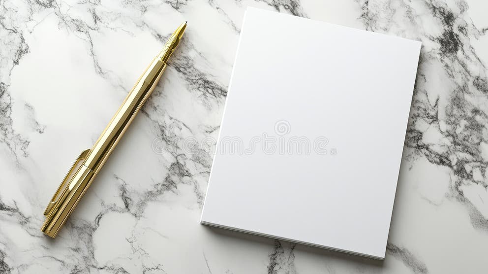 A Blank White Notepad with a Gold Pen, Lying on a Clean Marble Table ...