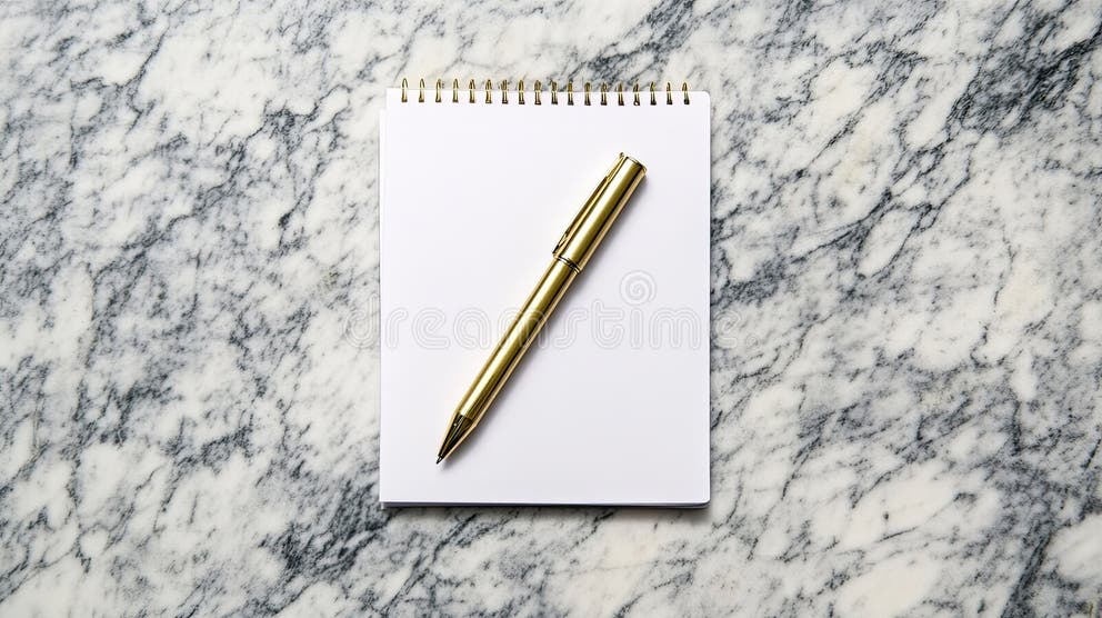 A Blank White Notepad with a Gold Pen, Lying on a Clean Marble Table ...