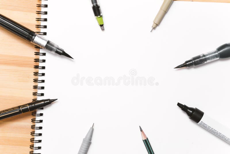 Blank White Notepad with Pens on Wooden Table Stock Image - Image of ...