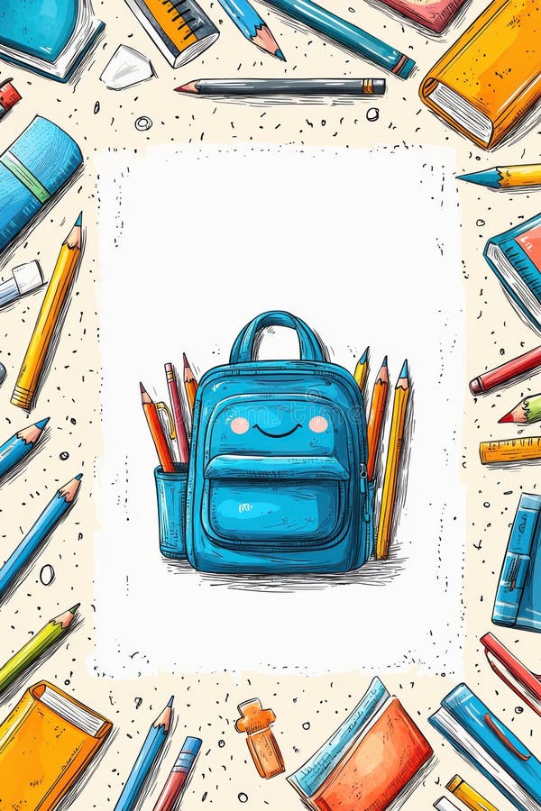 Blank White Page with a Colorful School-themed Border Featuring a Blue ...