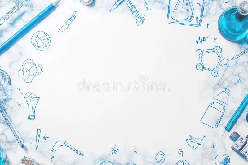 Blank White Page Surrounded by Blue Scientific Doodles Including Flasks ...