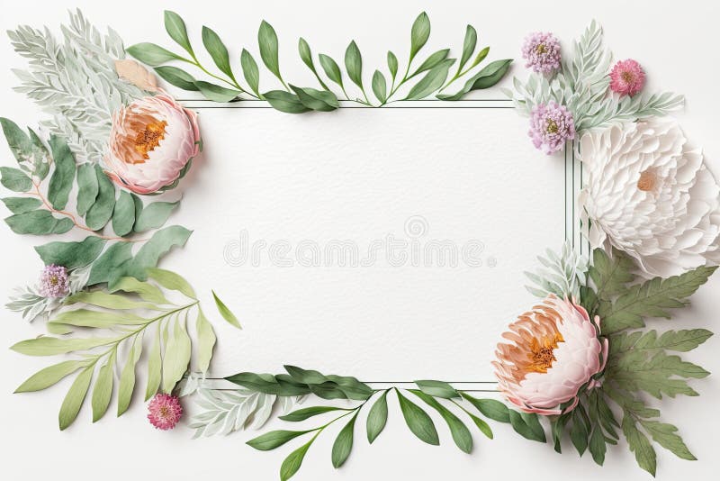 Blank White Paper Invitation Message with Flower Frame Top View Made ...