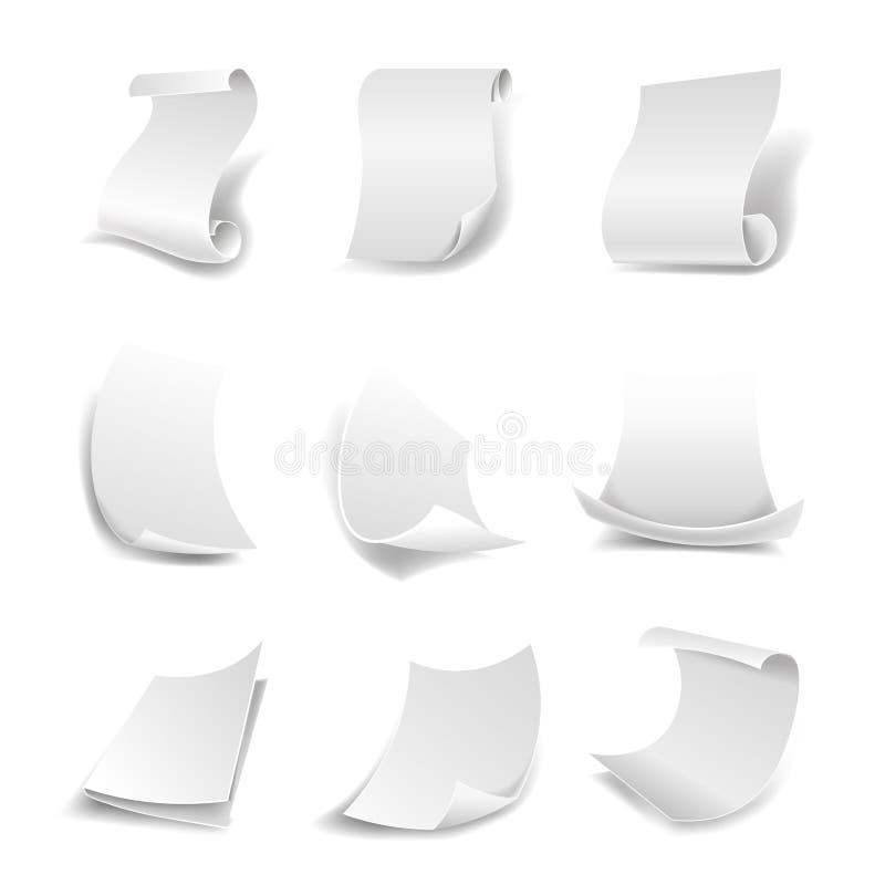 Blank White Paper Sheets in Rolls or Curved Sides Vector Icons Stock ...