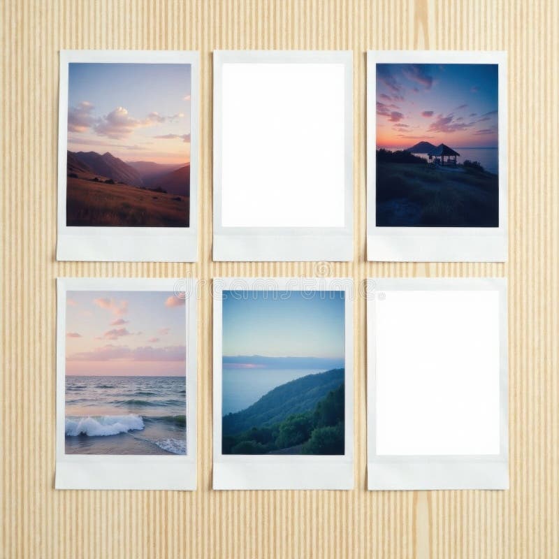 Blank White Polaroid Frames Arranged in a Line on a Light Wood Surface ...