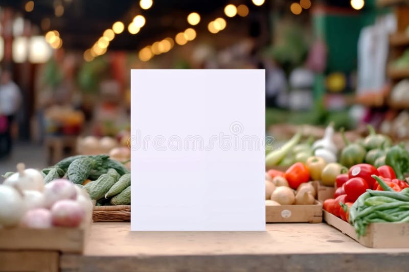 Blank White Poster on the Counter of the Market with Various Vegetables ...