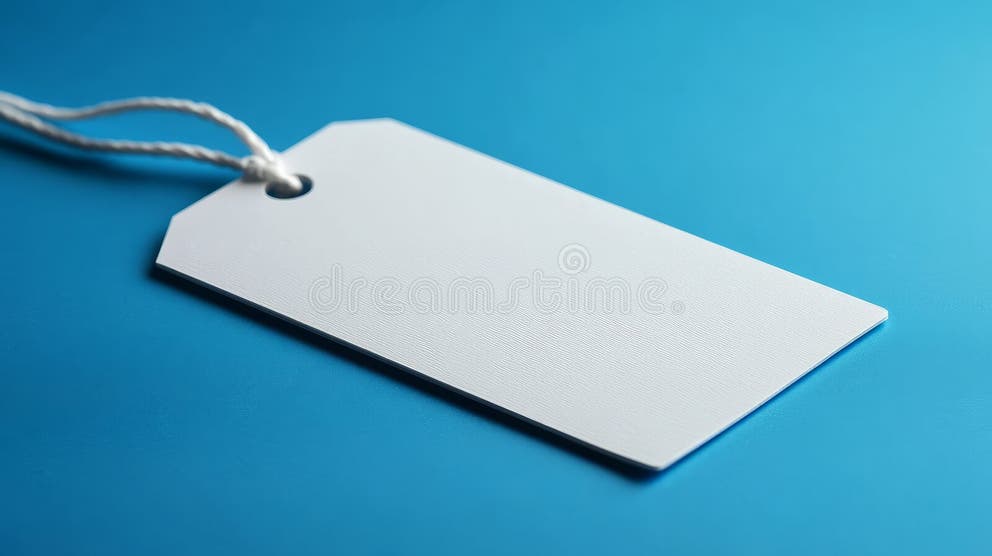 Blank White Price Tag on Blue Background with String Attachment. Stock ...