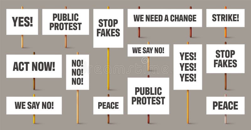 Blank White Protest Signs with Text Slogans on Wooden Holder. Various ...