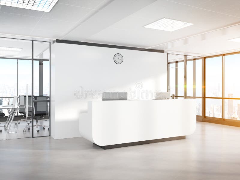 Blank White Reception Desk in Concrete Office with Large Windows Mockup ...