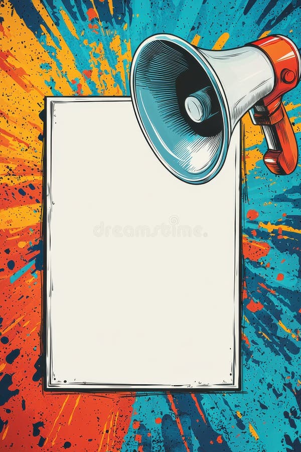 Blank White Rectangular Card with Vibrant Megaphone Illustration Stock ...