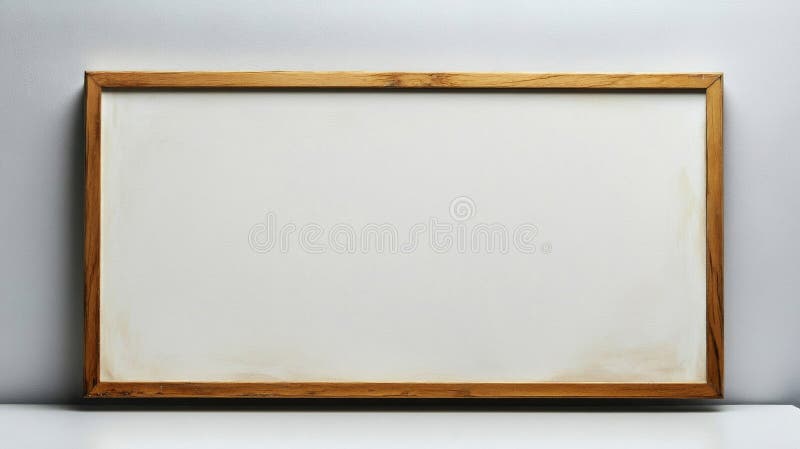 Blank White Rectangular Frame with Brown Wooden Border on Gray Wall ...